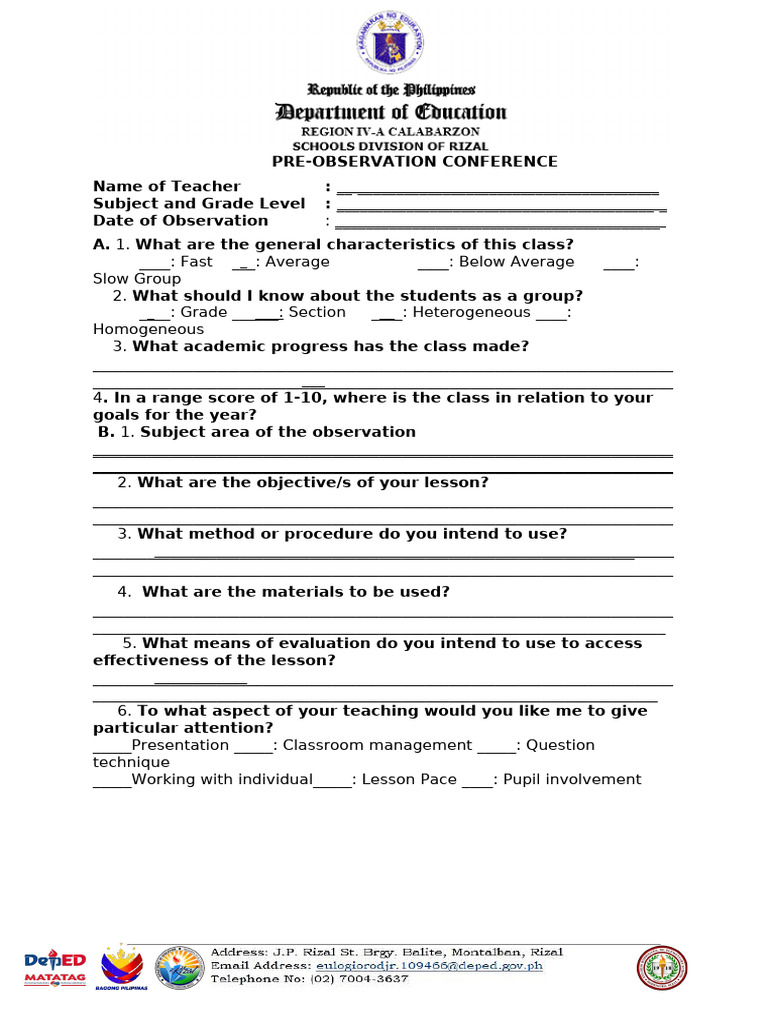 PRE-POST-observation-Form (1) | PDF | Teachers | Classroom Management