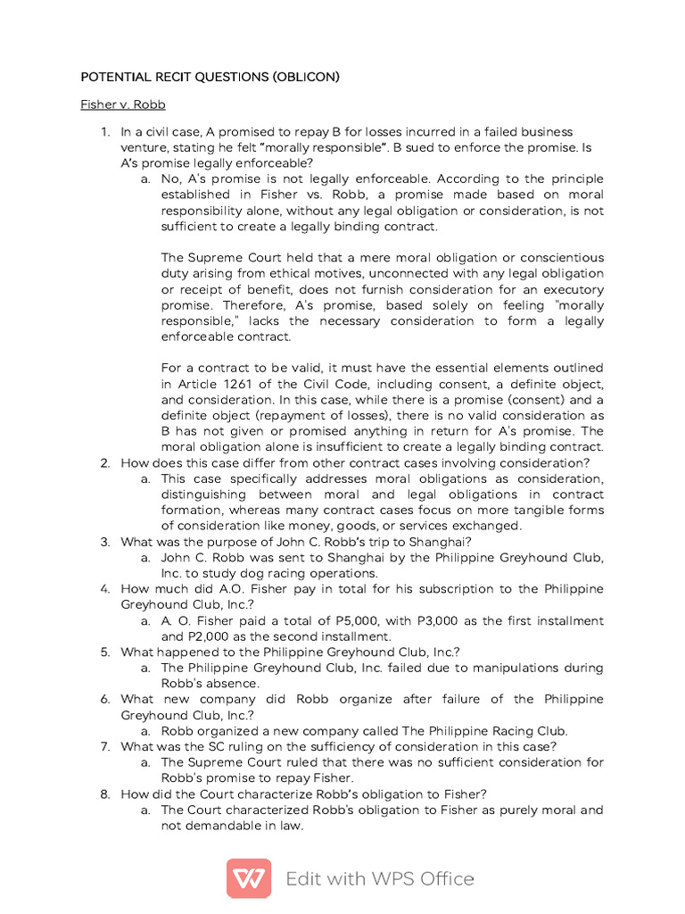 Potential Recit Questions Oblicon | PDF | Consideration | Negligence