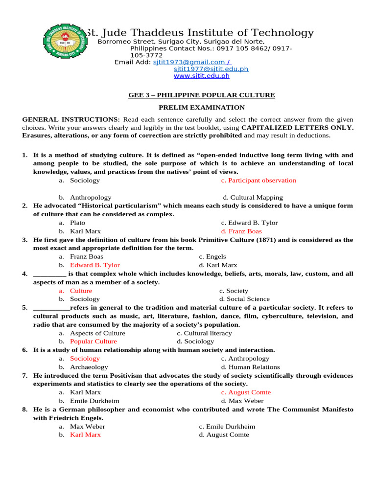 Bsca - Popular Culture (Answer Key) | PDF | Sociology | Karl Marx