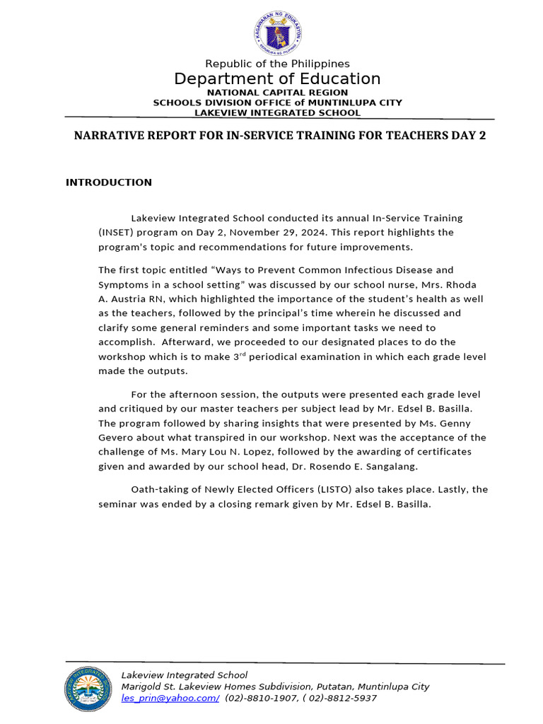 Narrative Report INSET GRADE 2 | PDF | Health Care