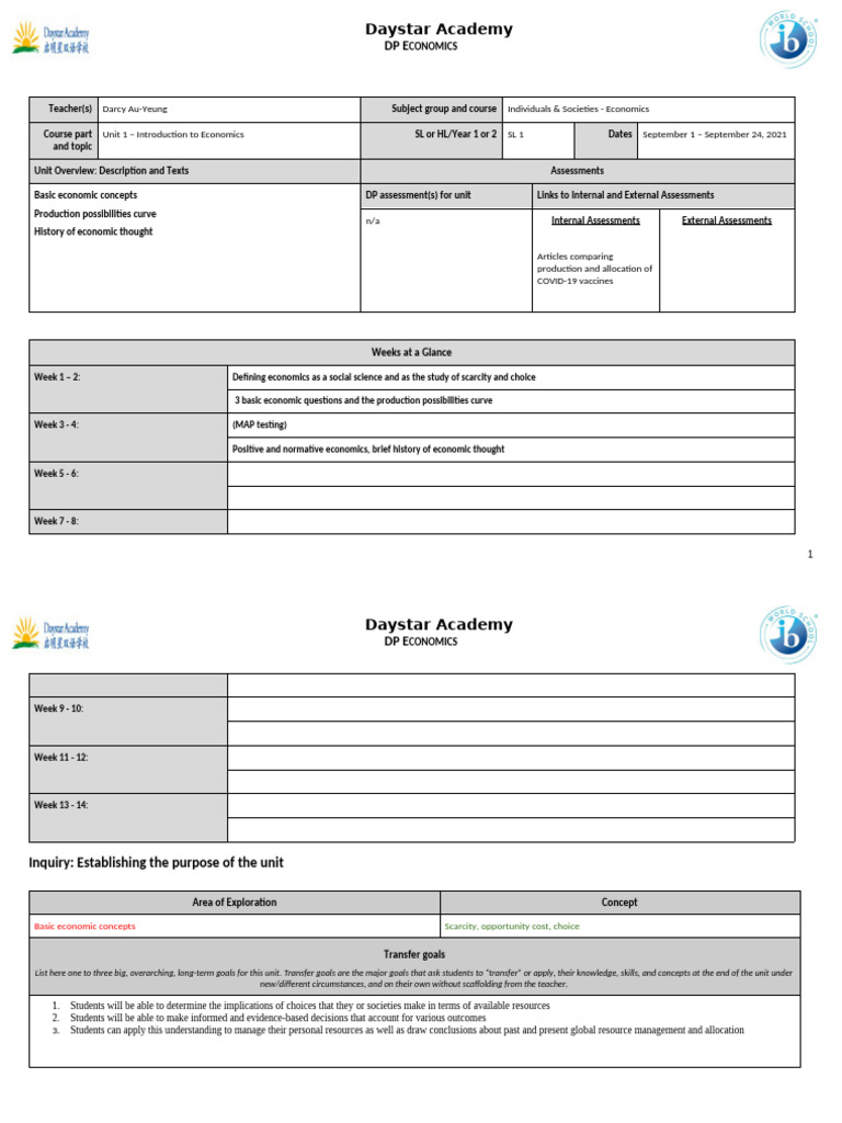 DP Economics Unit 1 Overview | PDF | Economics | Opportunity Cost