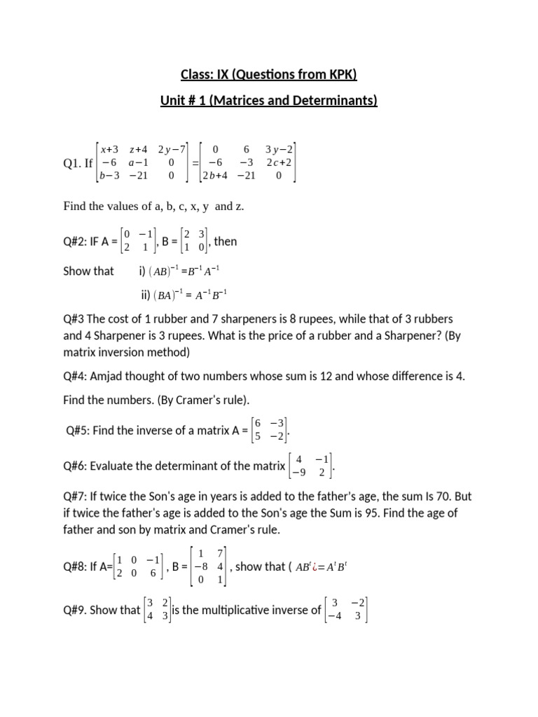 Class IX (5 CHS) KPK Qs by Khadija | PDF | Matrix (Mathematics ...