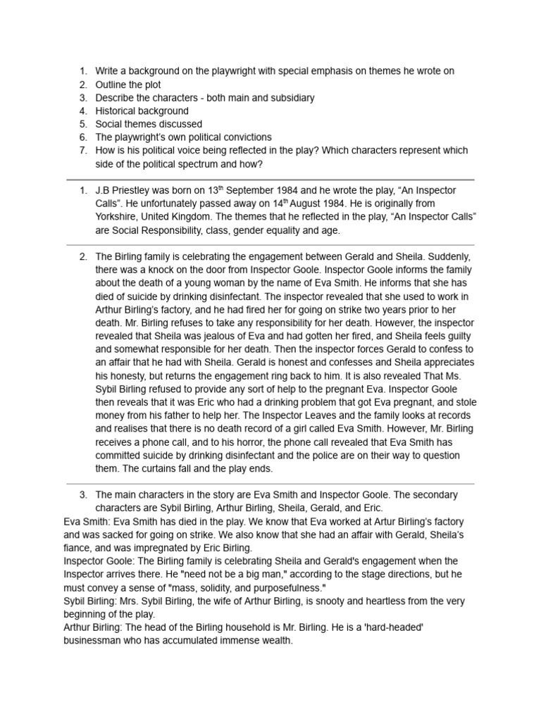 J.B. Priestley's "An Inspector Calls" Analysis | PDF | Psychology