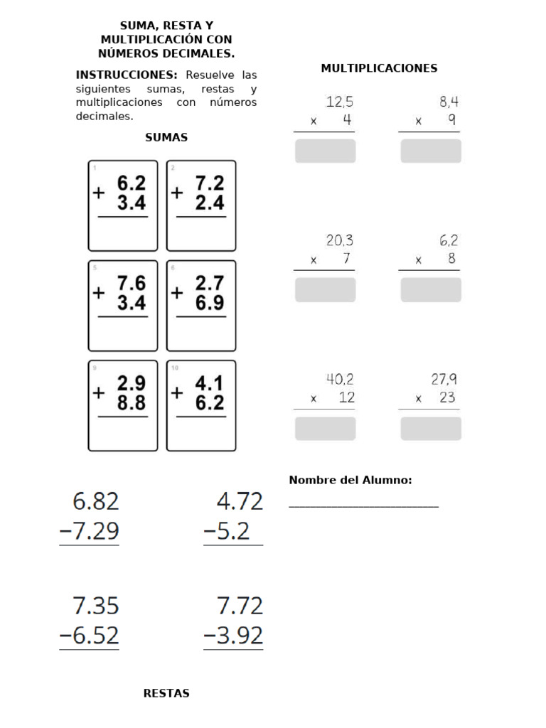 Suma, Resta y Multiplicación | PDF