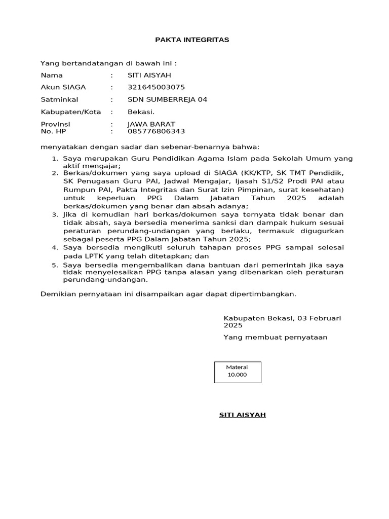 Pakta Integritas PPG Pai 2025 | PDF