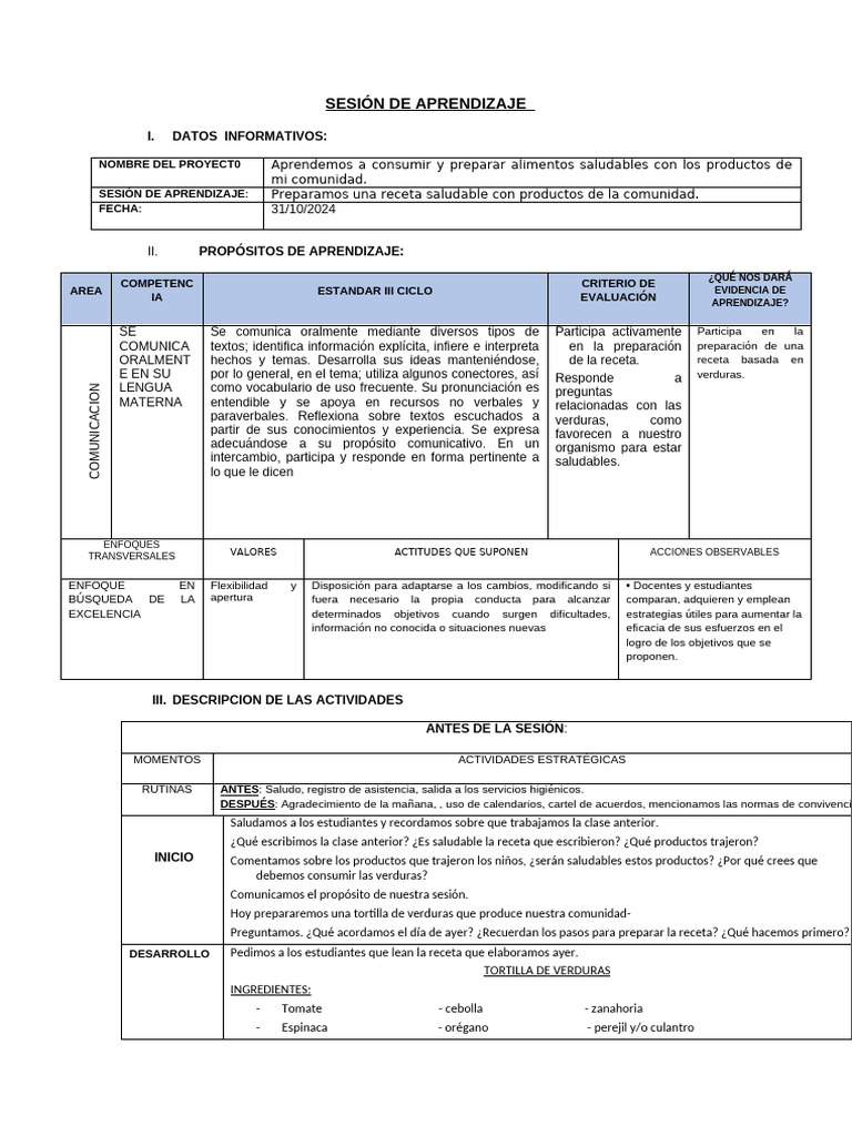 Modelo de Sesion de Aprendizaje | PDF | Aprendizaje | Vegetales