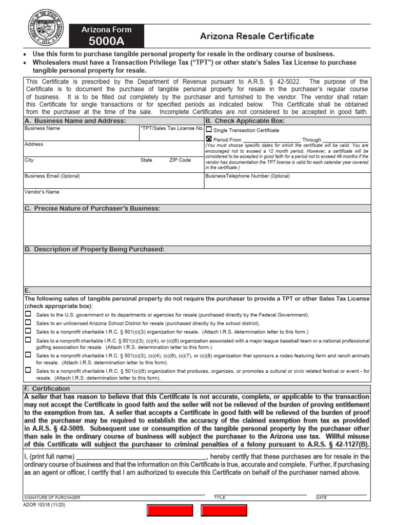 Arizona Resale Certificate Form 5000A | PDF | 501(C) Organization | Taxes