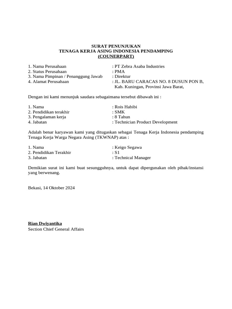Surat Penunjukan TKI Pendamping (Counterpart) | PDF