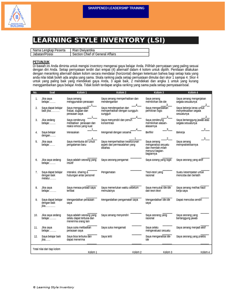 Learning Style Inventory (Form Peserta) | PDF