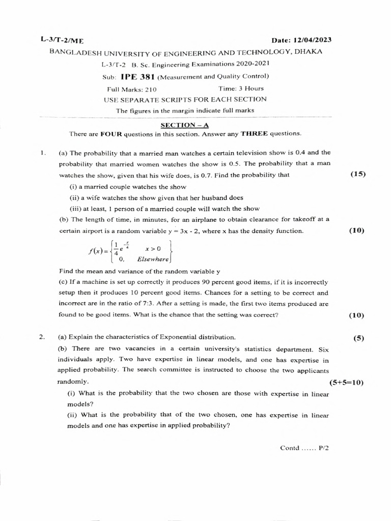 IPE 381 BUET ME TF Question | PDF | Statistics | Mean