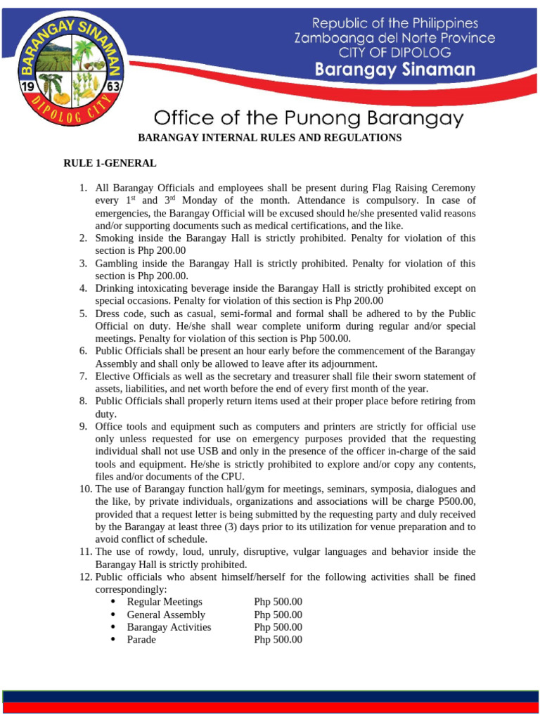 Barangay Internal Rules and Regulations | PDF