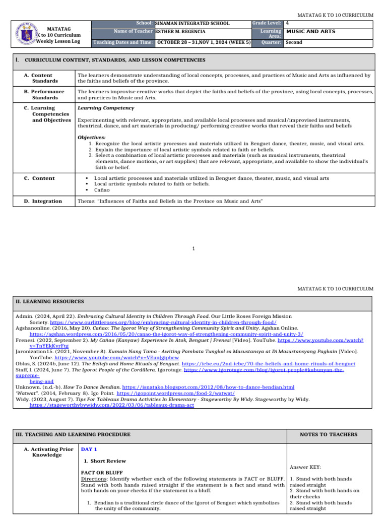 DLL Matatag - Music & Arts 4 Q2 W5 - 6 | PDF | Teachers | Learning