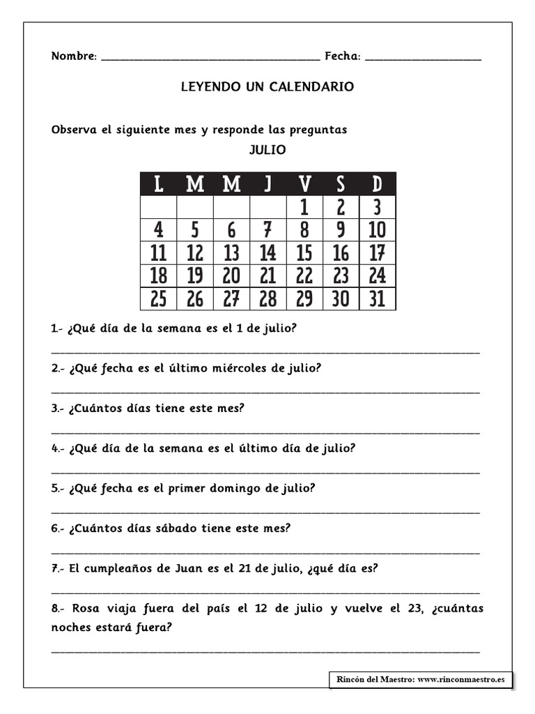 Actividades de Lectura de Calendario | PDF | Calendario