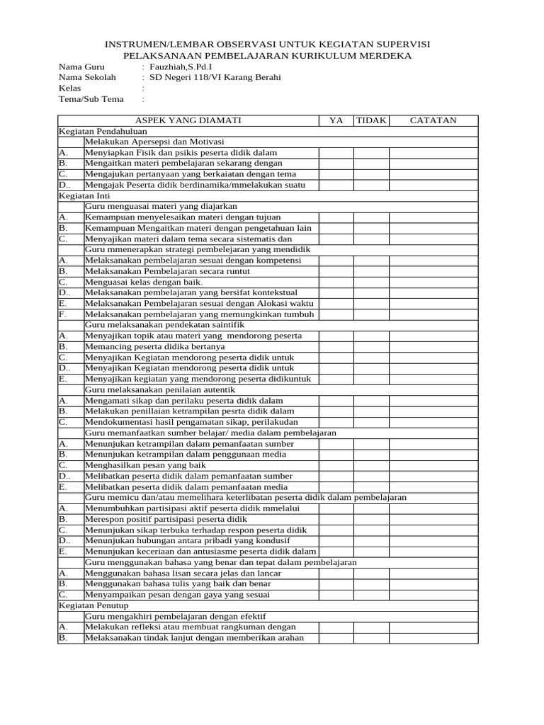 Instrumen Atau Lembar Observasi Untuk Kegiatan Supervisi | PDF