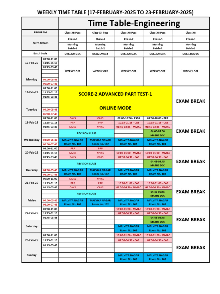 Iit-Jee Time Table (17-23 Feb 2025) | PDF | Workweek And Weekend