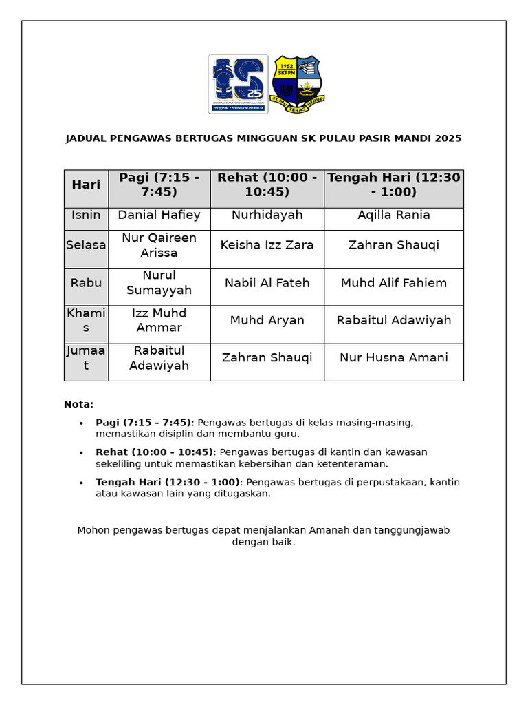 Jadual Pengawas Bertugas Mingguan Sk Pulau Pasir Mandi 2025 | PDF