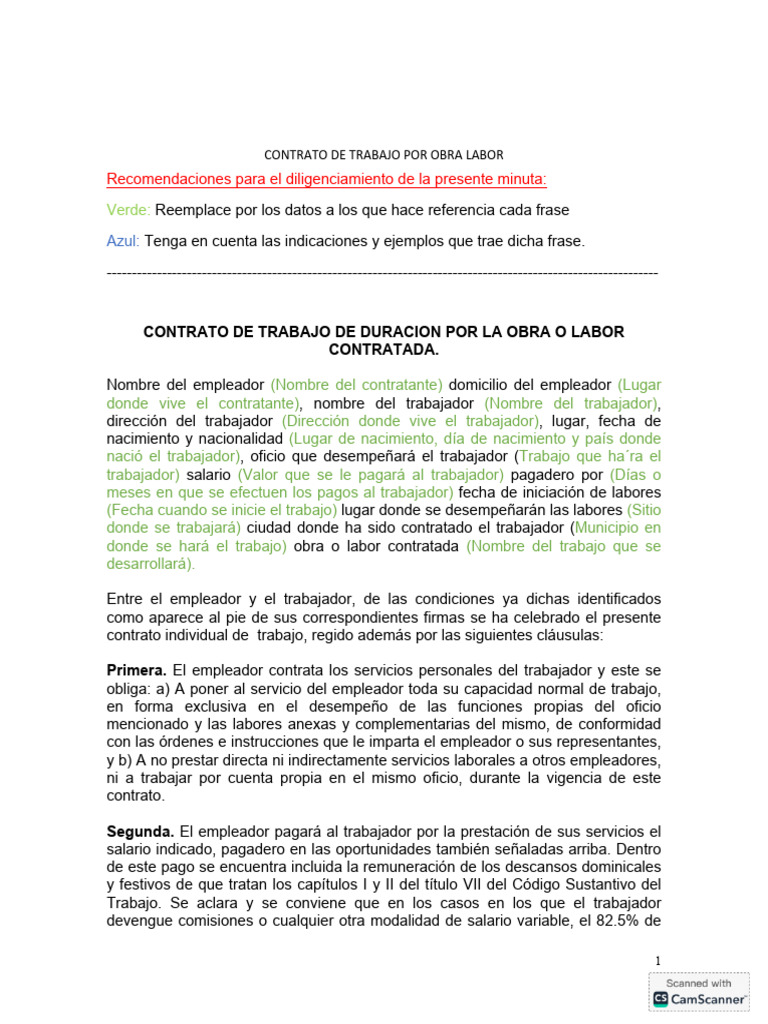 Contrato Obra Labor - Laboral | PDF | Salario | Derecho laboral