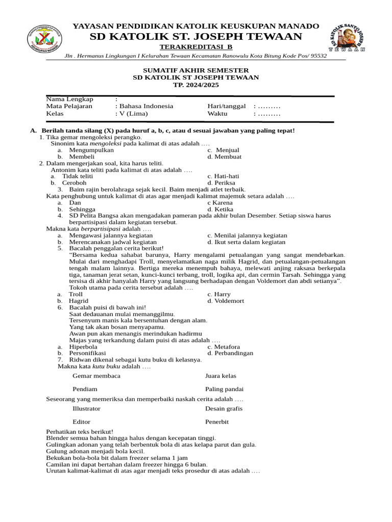 SUMATIF AKHIR SEMESTER GANJIL 2024 BAH IND | PDF