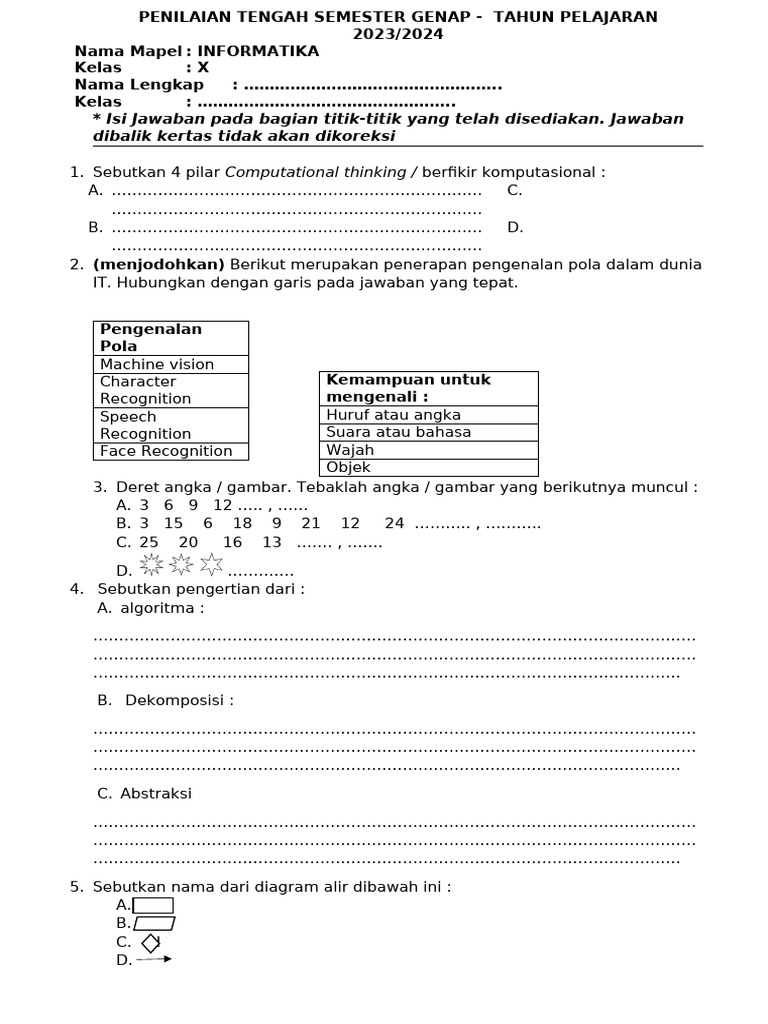PTS Informatika Kelas X - Genap 2023-2024 | PDF