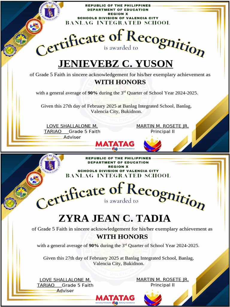 Grade 5 Honors Recognition at Banlag | PDF