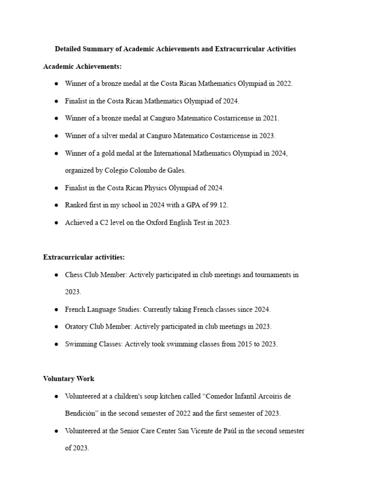 Academic Achievements & Activities Summary | PDF