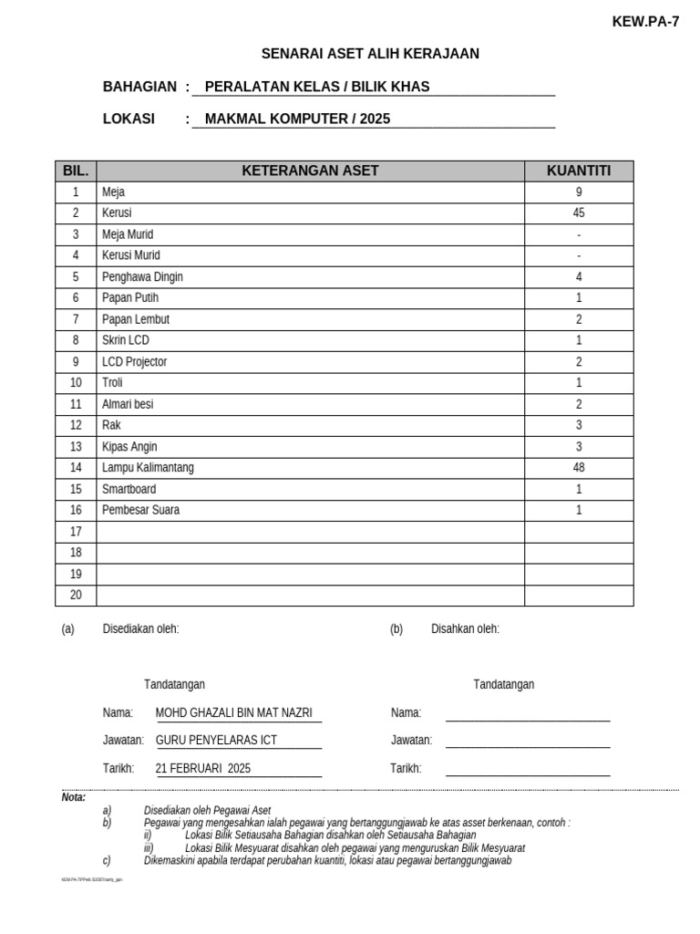 Contoh KEW - PA-7 - Senarai Aset 2025 ICT | PDF