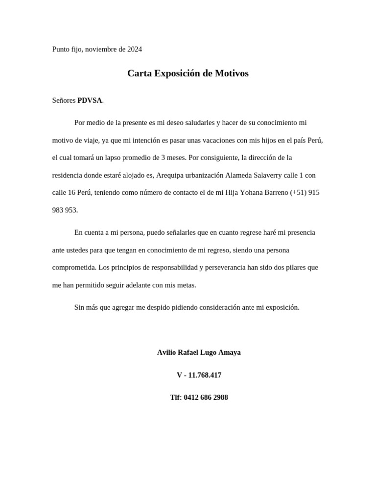 Carta de solicitud de vacaciones en Perú | PDF