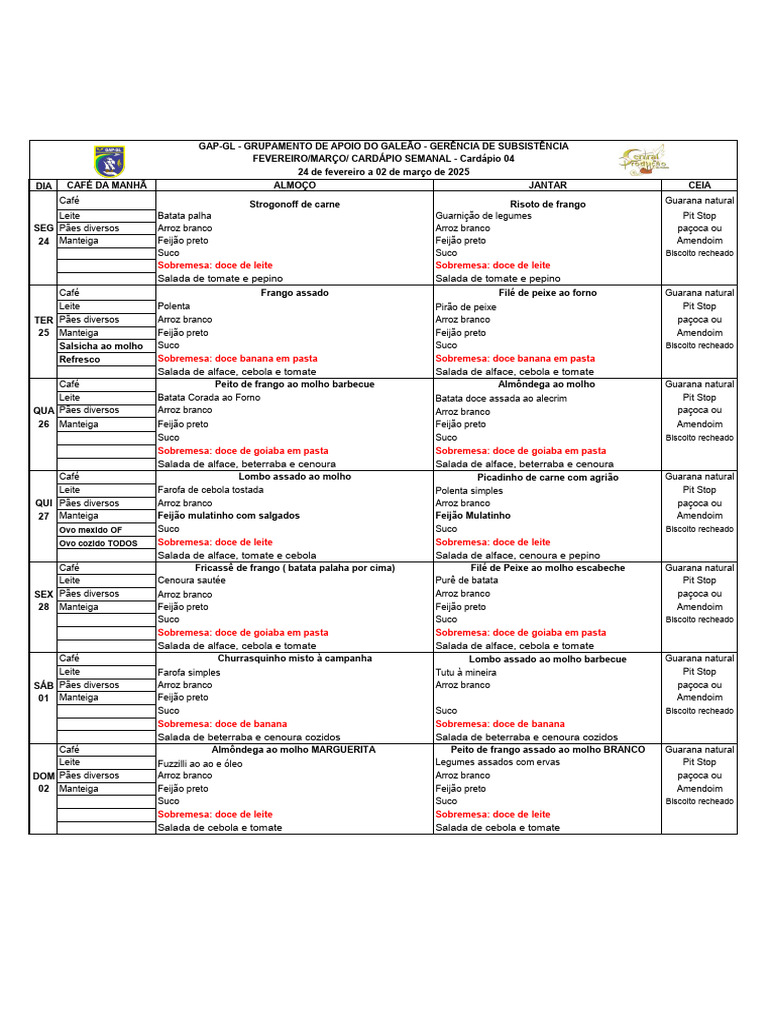 Cardápio Semanal GAP-GL: 24 Fev a 2 Mar | PDF | Amendoim | Compotas