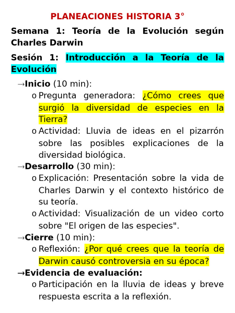 Plan de Clase Historia 3° | PDF | Seleccion natural | Evolución