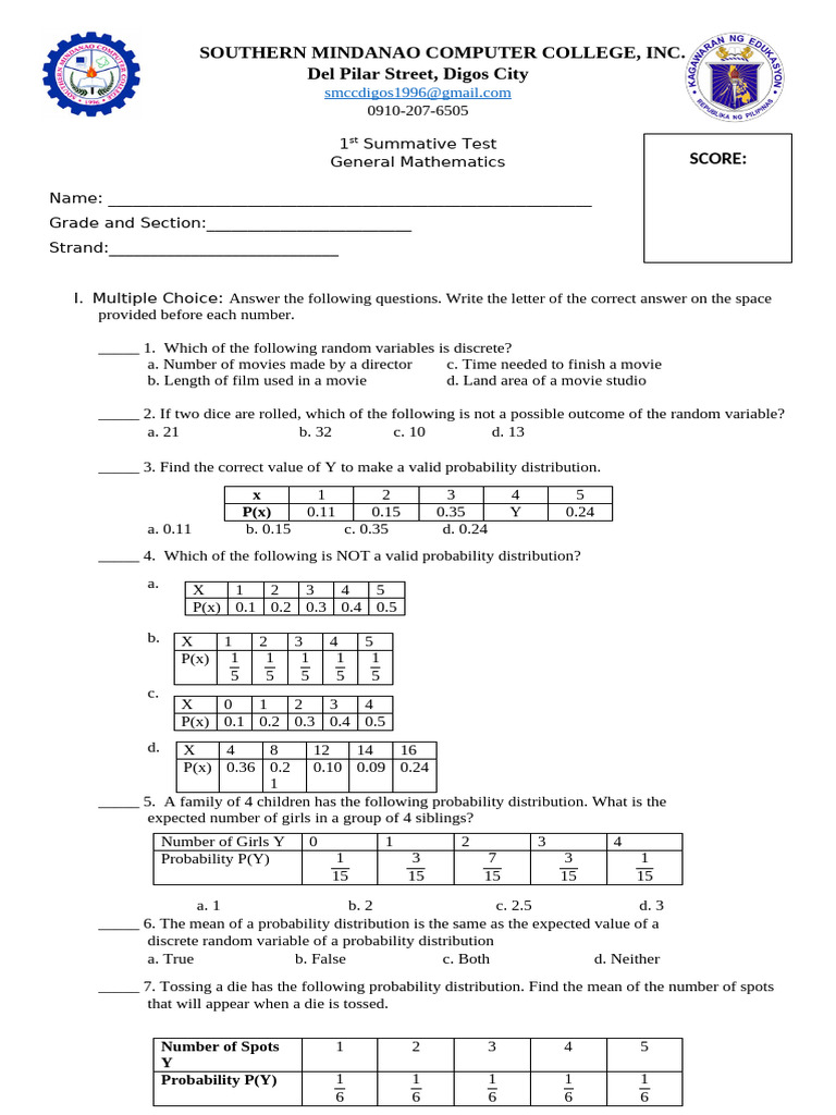 1st Stat and Prob Modular | PDF | Probability Distribution | Random Variable