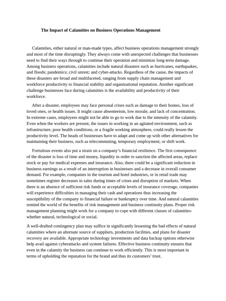 CALAMITY'S IMPACT TO OPERATION MANAGEMENT | PDF | Business | Economies
