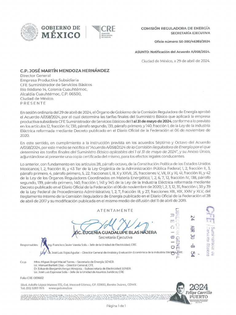 Oficio SE 300 46365 2024 Acuerdo A 058 2024 TFSB Mayo 2024 | PDF