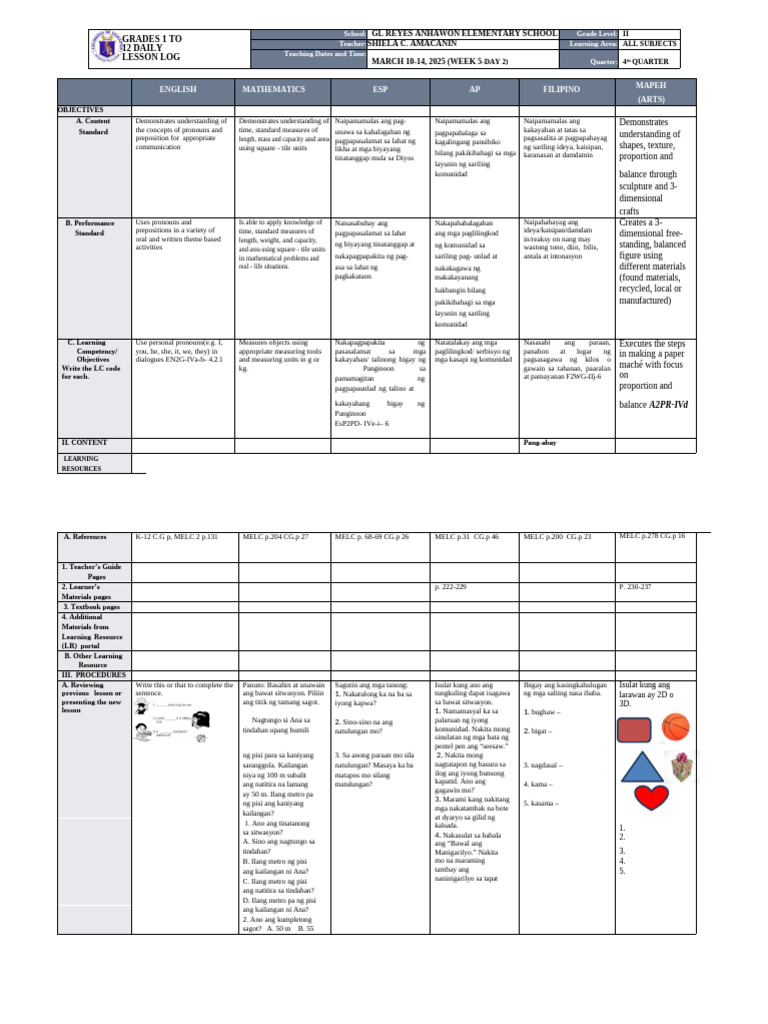 DLL - All Subjects 2 - Q4 - W5 - D2 | PDF