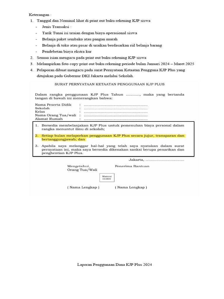 Laporan Penggunaan KJP Tahun 2024 | PDF
