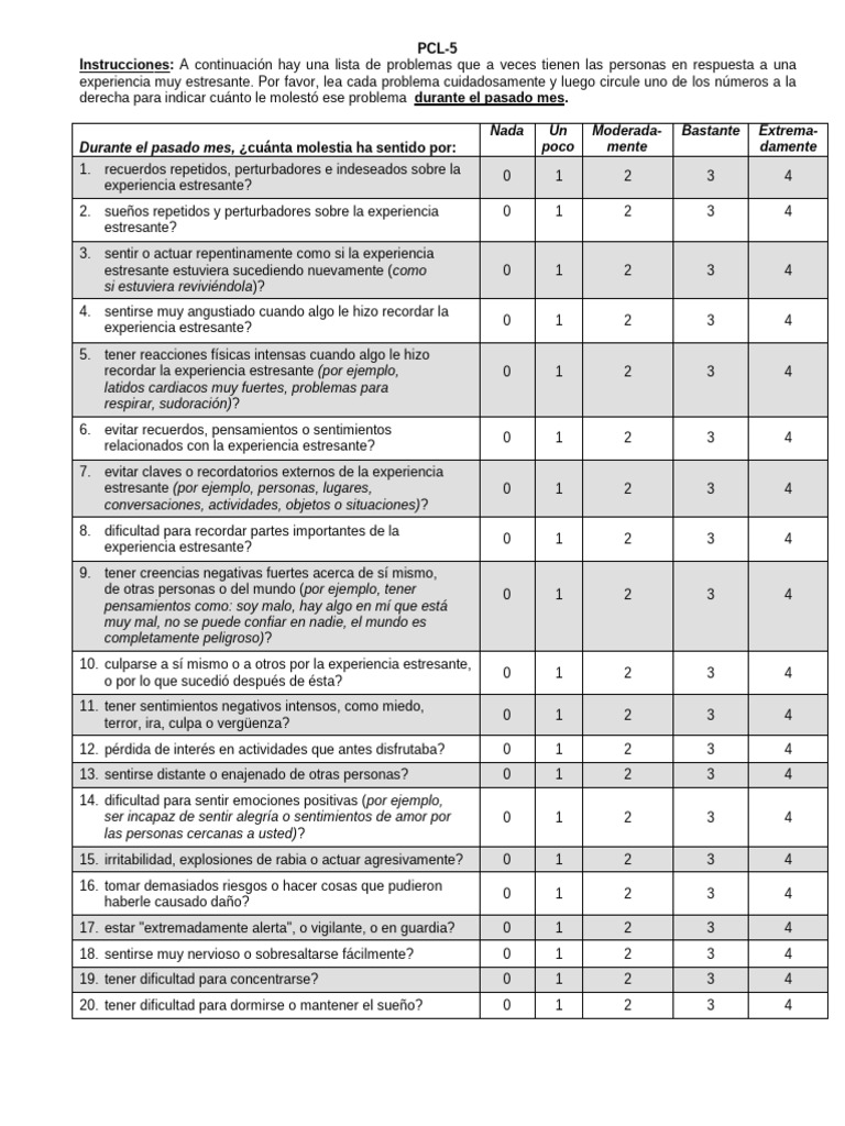 Cuestionario PCL-5 en Español | PDF | Experiencia | Ira