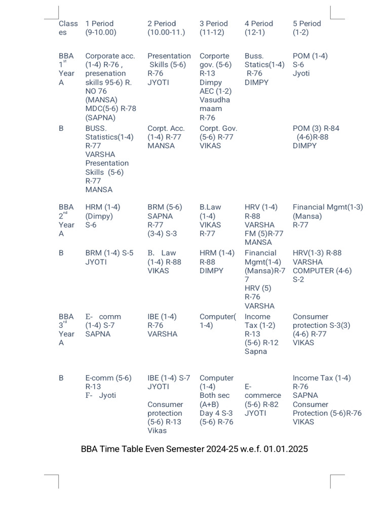 BBA Time Table for Even Semester 2024-25 | PDF