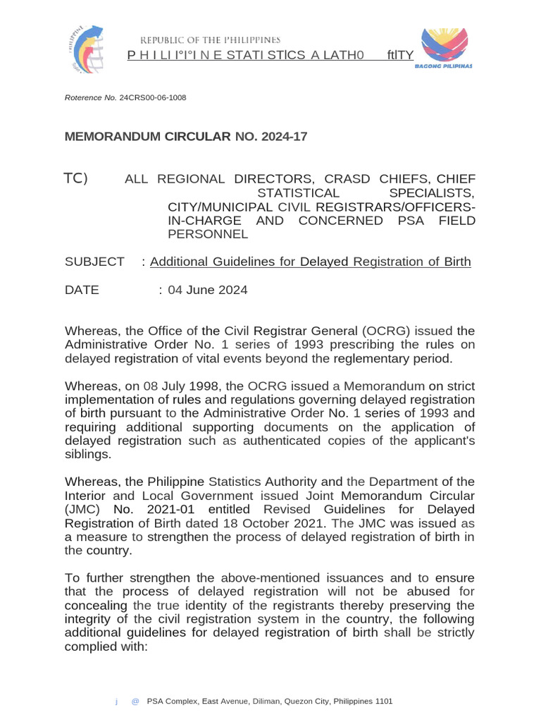 Additional Guidelines in Delayed Registration - 001 | PDF | Birth Certificate | Justice