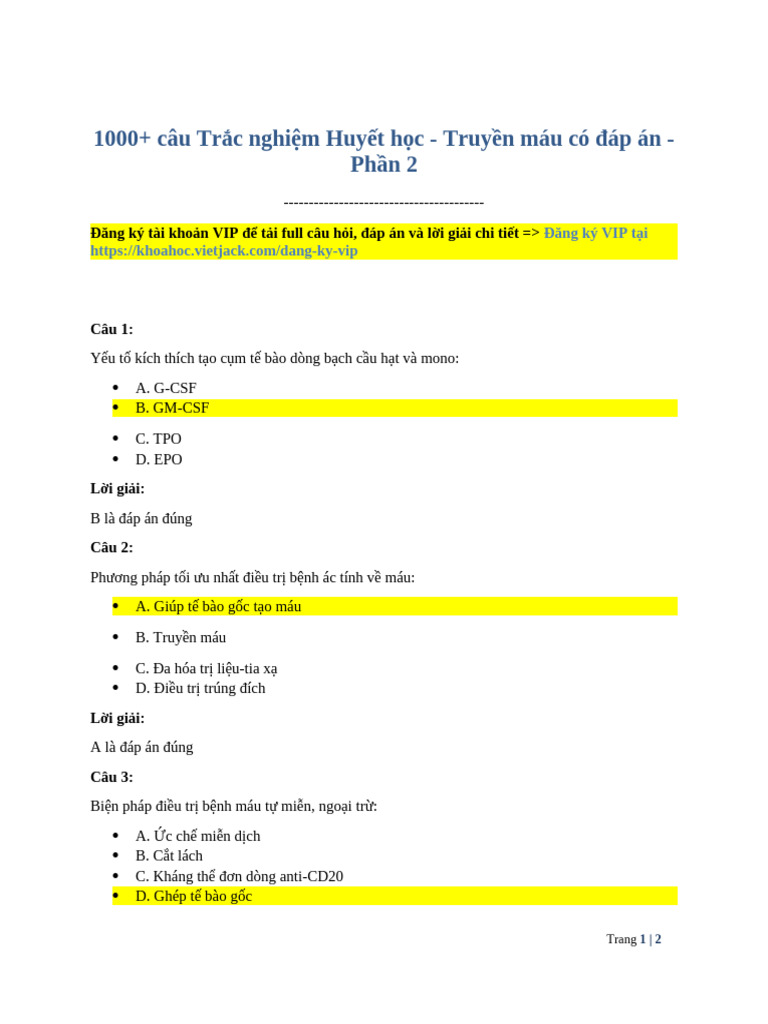 1000 Cau Trac Nghiem Huyet Hoc Truyen Mau Co Dap an Phan 2 2025-01-07 | PDF