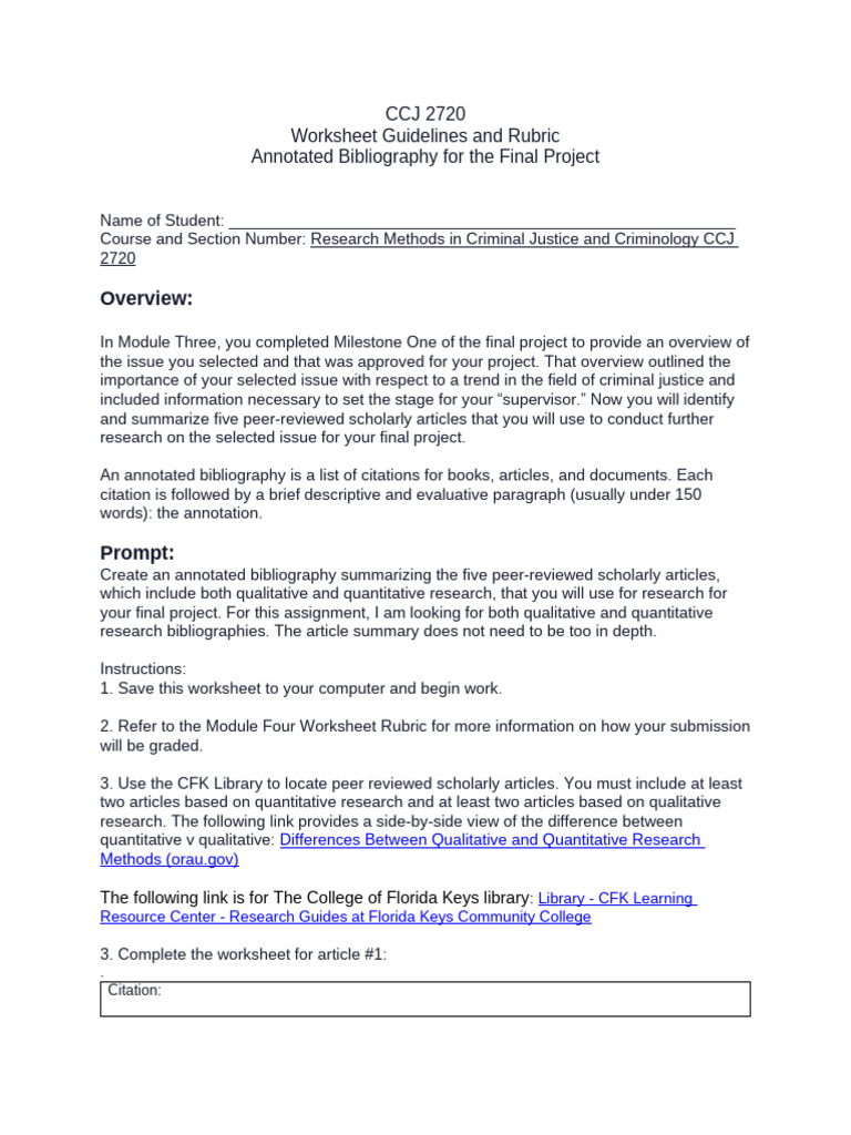 CCJ 2720 Annotated Bibliography Worksheet | PDF | Citation | Apa Style