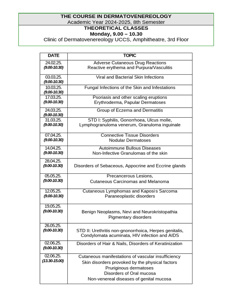 Dermatovenereology Course Schedule 2024-25 | PDF | Dermatitis | Skin