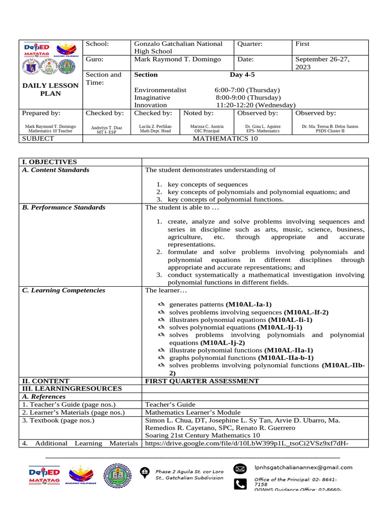 G10-Mathematics-Dll-Sept 26 | PDF | Mathematics | Equations