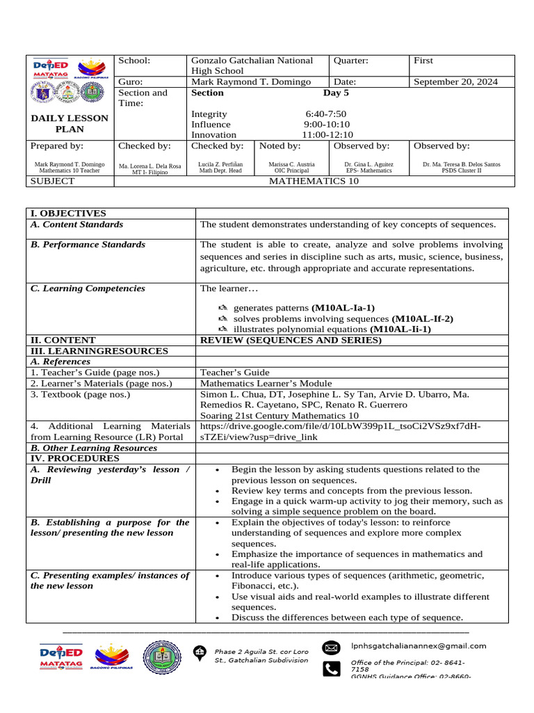 G10-Mathematics-Dll-Sept 20 | PDF | Sequence | Mathematics