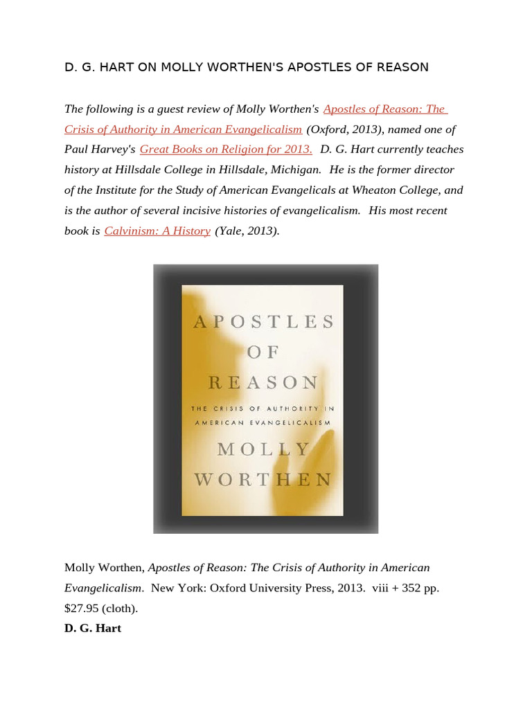 D. G. Hart On Molly Worthen's Apostles of Reason | PDF | Evangelicalism ...