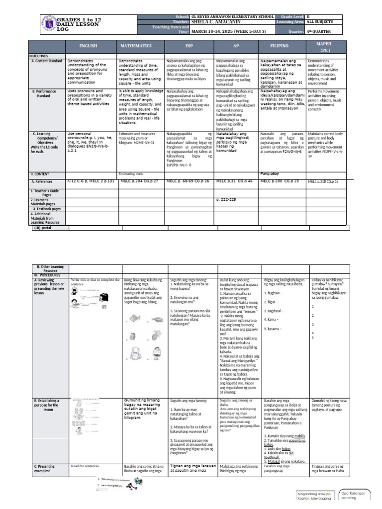 DLL - All Subjects 2 - Q4 - W5 - D3 | PDF