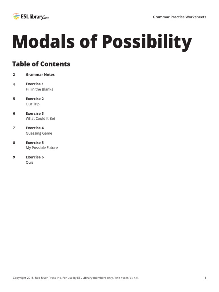 Modals of Possibility - Grammar Practice Worksheets - ESL Library | PDF ...