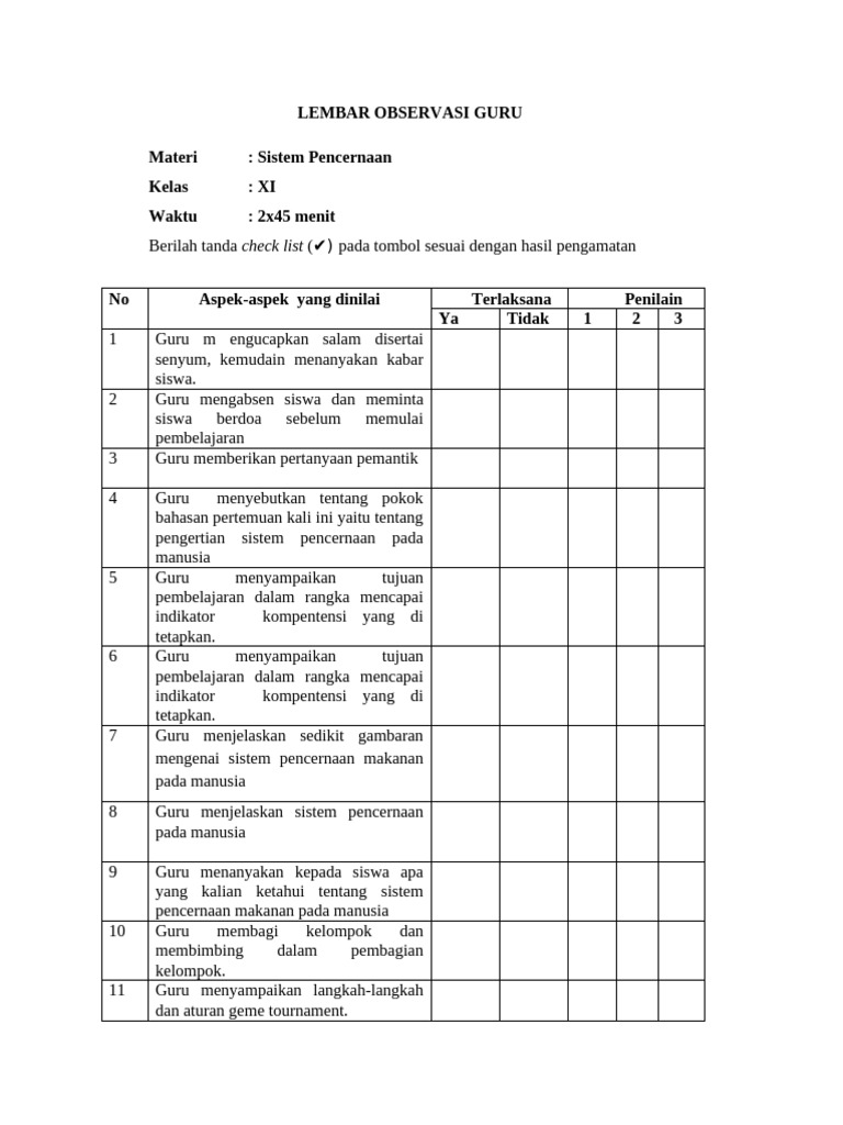Lembar Observasi Guru | PDF