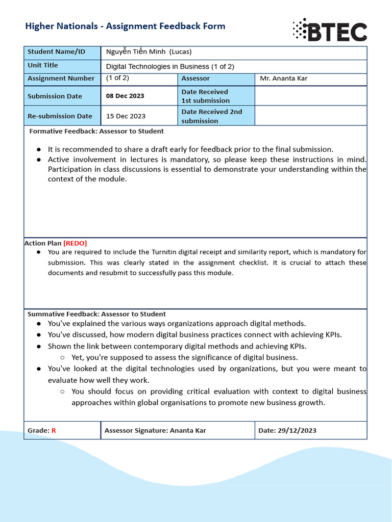 16. Lucas_Assignment-Feedback-Form-Unit 14_DBP_A1 of 2_QT23 (1) | PDF