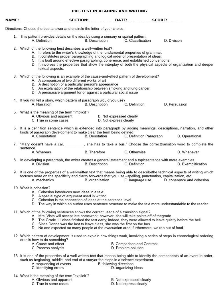 Pre Test Reading and Writing | PDF | Definition | Causality