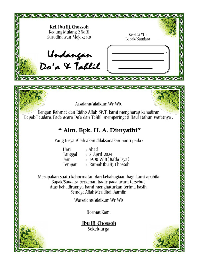 Undangan Tahlil - Haul 1 - PakDim | PDF