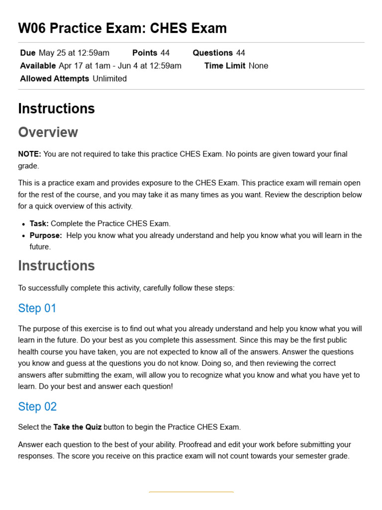 W06 Practice Exam_ CHES Exam_ Introduction to Public Health | PDF | Learning | Information